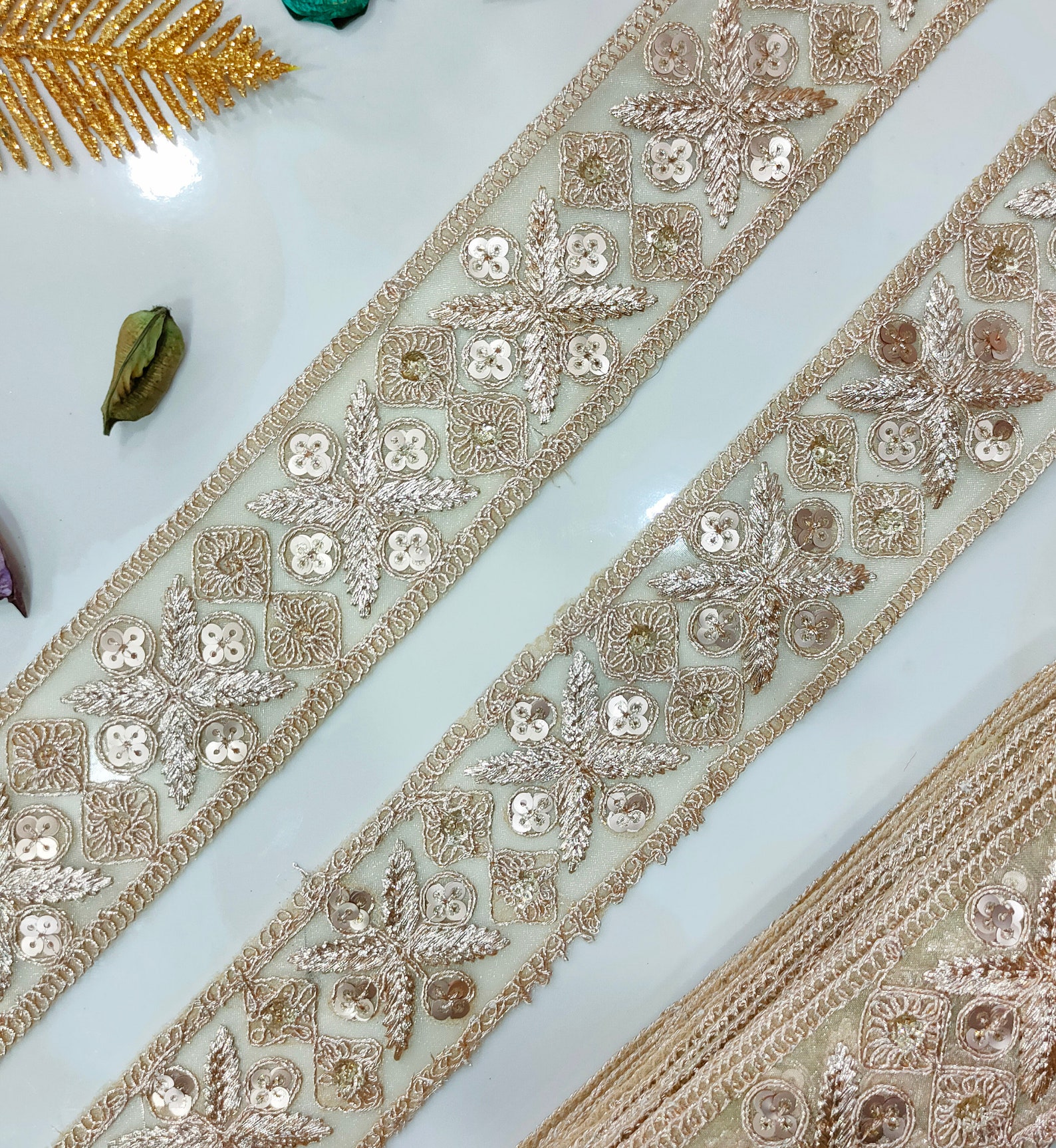 Rose Gold Metallic Thread Sequin Lace Trim Sari Trim Hand - Etsy