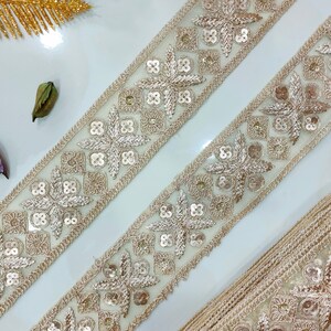 Rose Gold Metallic Thread Sequin Lace Trim, Sari Trim, Hand Beaded Trim, Bollywood Trim Lace ...