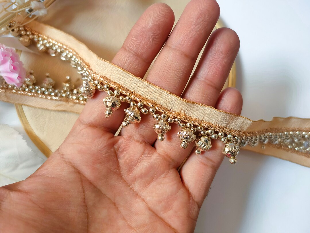 Elegant Light Gold Beaded Tassel Trim, Antique Gold Dupatta Sari ...