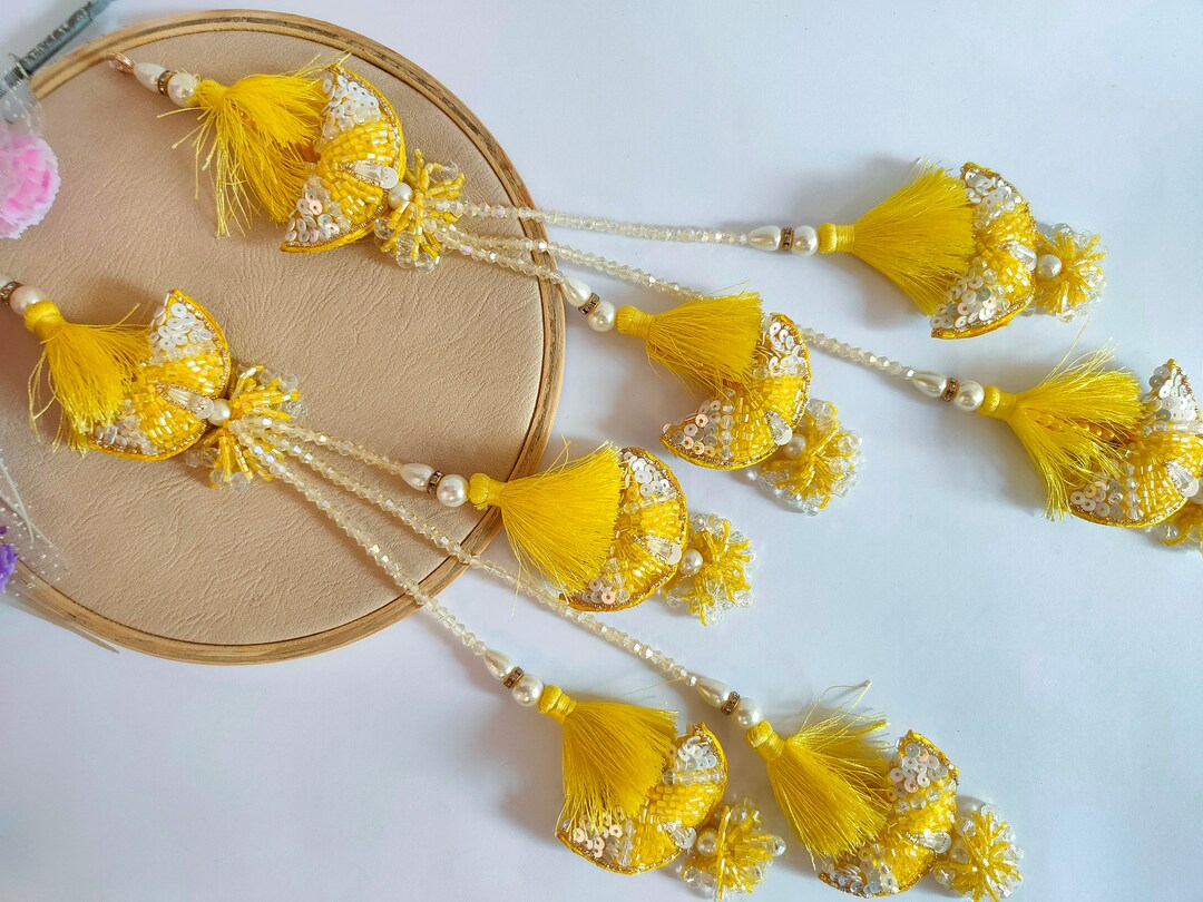 Light Yellow Color Long Crystal & Pearls Fringe Latkan Hanging, Multi ...