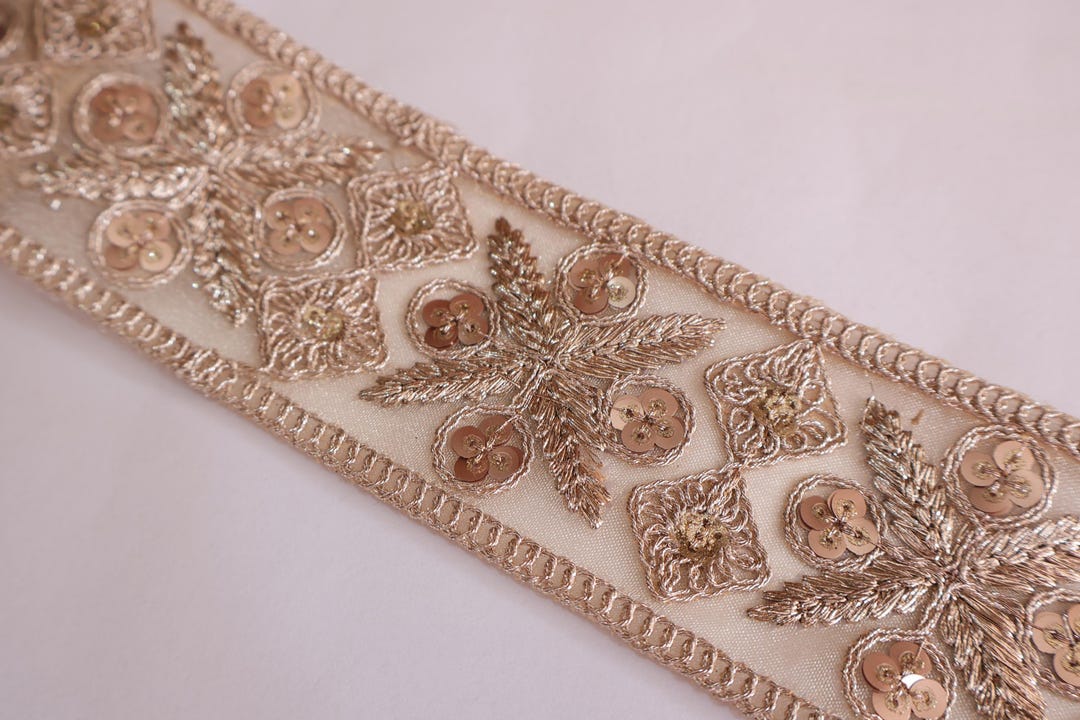 Intricate Gold Metallic Thread Sequin Lace Trim, Sari Trim, Hand Beaded Trim, Bollywood Trim ...