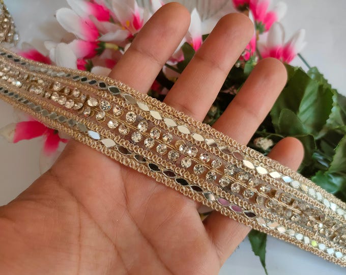 Lovely Clear Gold Narrow Zircon & Mirrors Lace Trim, Dupatta Saree ...