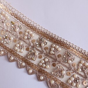 Rose Gold Zircon & Pearl Wavy Trim Vine, Embroidered Lace Glamourous Sari Trim, Indian Bollywood ...
