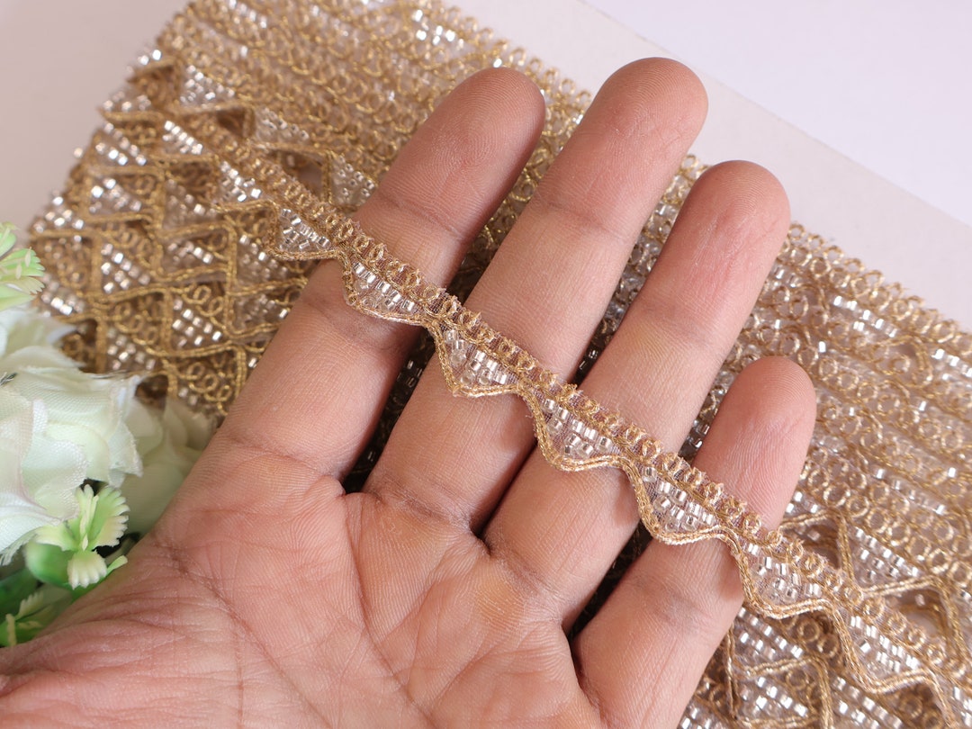 Narrow Triangle Gold Zari Glass Beaded Ribbon Trim Lace, Indian Saree ...