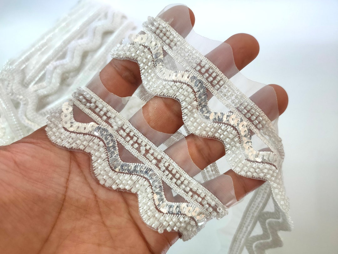 White Organza Scalloped Lace Trim: Sequin & Bead Embroidered Border ...