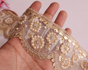 Emerald Green Net Embroidered Zircon & Pearl Embellished Trim Vine Indian Sari Border, Dupatta ...