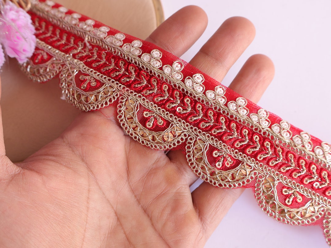 9 Yards Red & Gold Scallop Indian Embroidered Lace, Sari Border Trim, Fancy Dupatta Suits ...