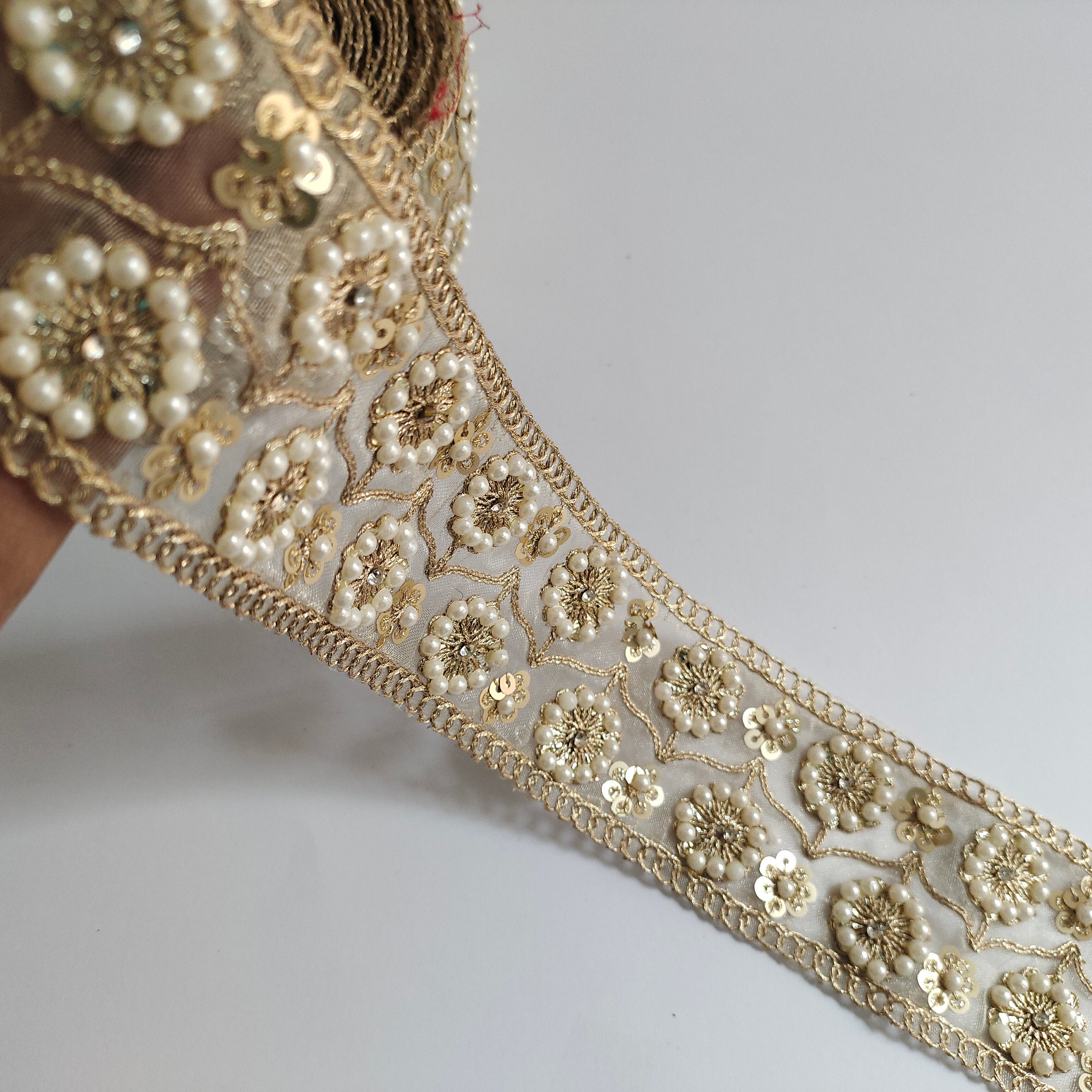 Creme Gold Pearl & Crystal Gotawork Indian Embroidered Lace - Etsy