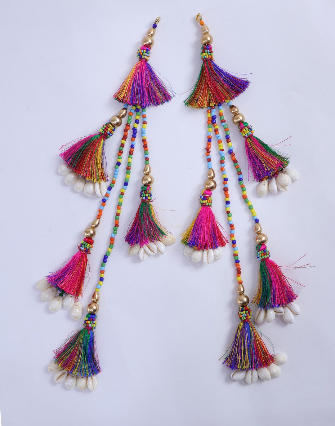 1 Pair Multi String Dark Rainbow Color Tassels & Cowrie Shells Fringe ...