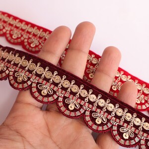 9 Yards Maroon/ Red Golden Zari Sequin Work Lace Trim, Indian Embroidered Sari Border Trim ...