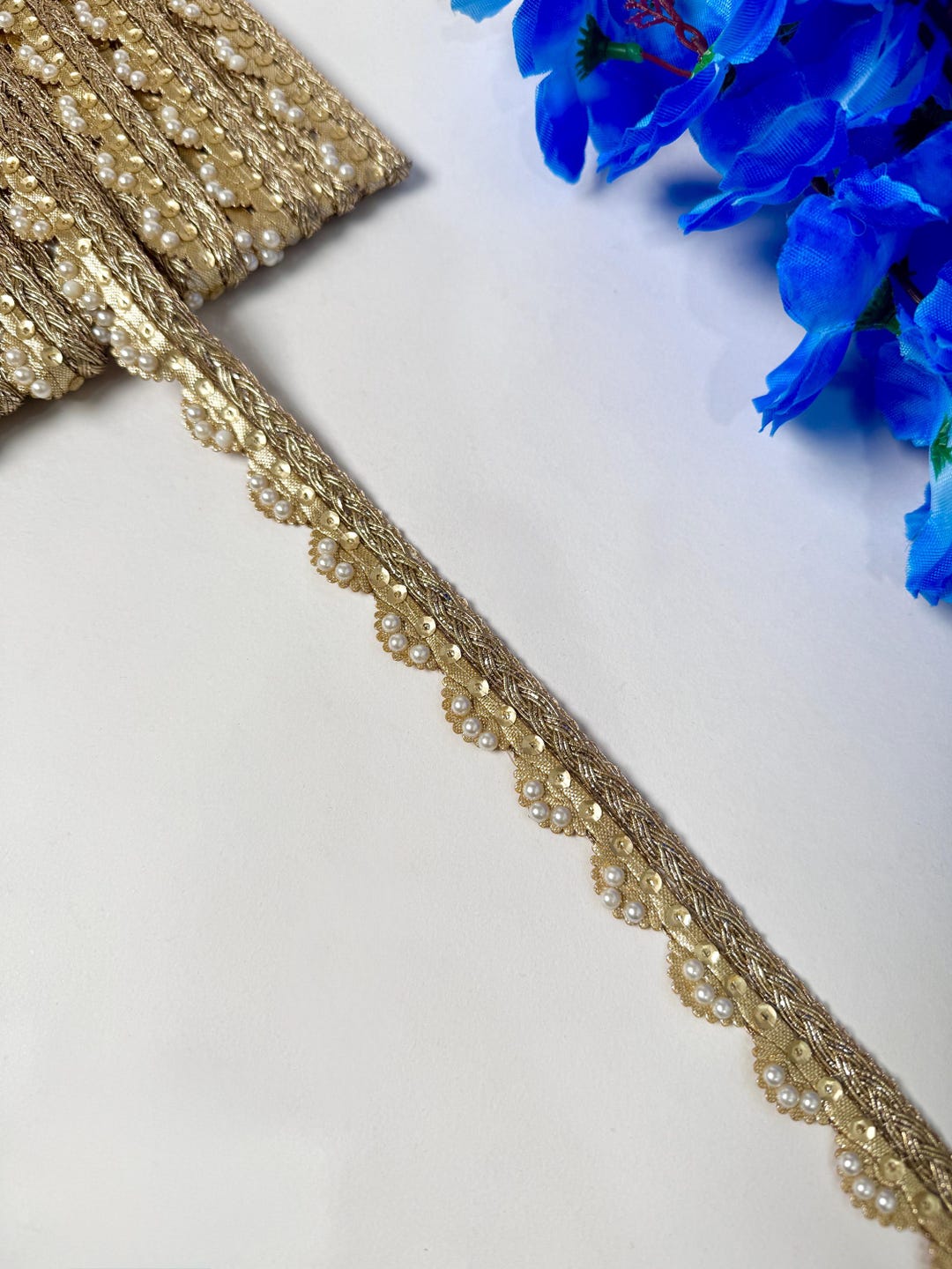 9 Yards - Narrow Scalloped Golden Trim Lace With Pearl Beads, Dupatta Saree Suit Border Ribbon ...