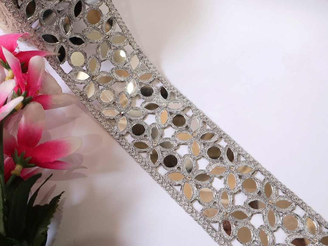 Metallic Silver Symmetric Cutwork Mirror Trim, Sari Border, Wedding ...