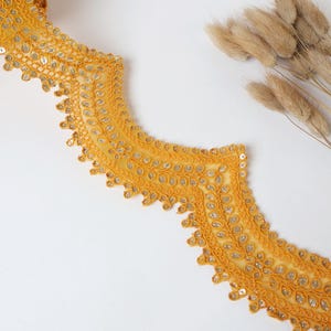 7 Yards Pale Yellow Scallop Indian Embroidered Golden Sequin Lace, Sari Border Trim, Fancy ...