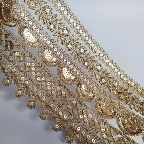 Elegant Creme Gold Sequin Embroidered Trim Cutwork Sari - Etsy