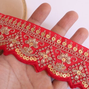 9 Yards Bright Red Scallop Indian Embroidered Lace, Gold Zari Sari Border Trim, Fancy Dupatta ...