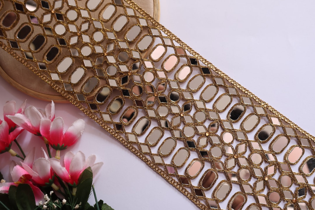 Mirror Sari Border Trim: Dark Gold Cutwork Lace, Indian Embellishments ...