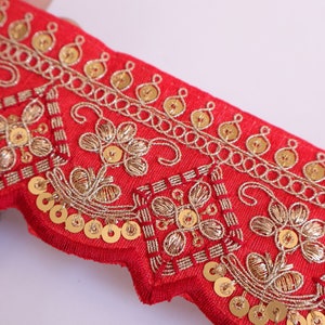 9 Yards Bright Red Scallop Indian Embroidered Lace, Gold Zari Sari Border Trim, Fancy Dupatta ...