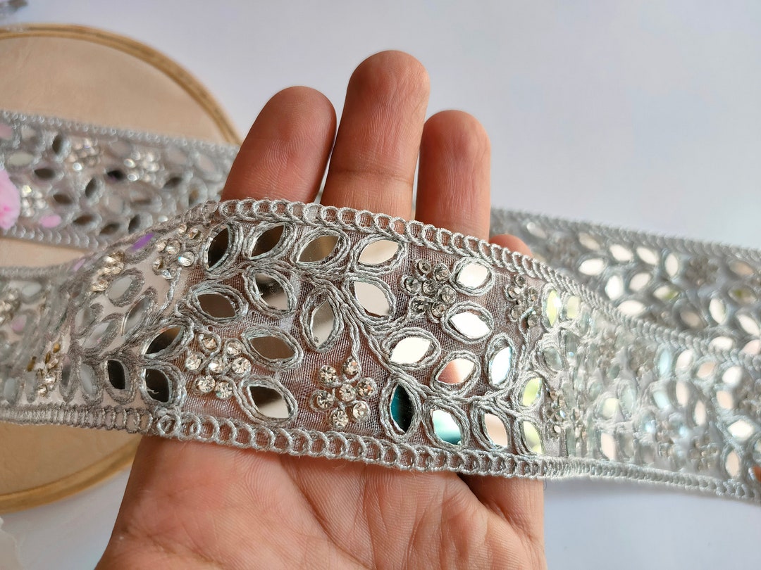 Silver Mirror & Zircon Vine Glamourous Sari Trim, Indian Cutwork Lace ...