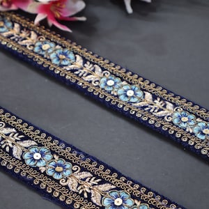 Navy Blue Threadwork Embroidery Elegant Lace Trim, Indian Sari Border Trim, Fancy Dupatta Suits ...