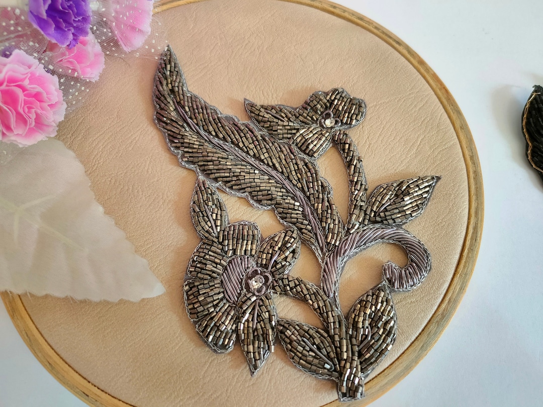 Embroidered Beaded Applique Patch: Metallic Black/grey Floral Sew-on ...