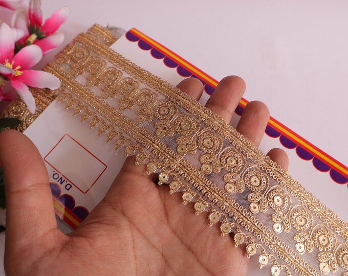 9 Yards Mini Scalloped Golden Trim Lace With Pearl Beads, Dupatta Saree Suit Border Ribbon Lace ...