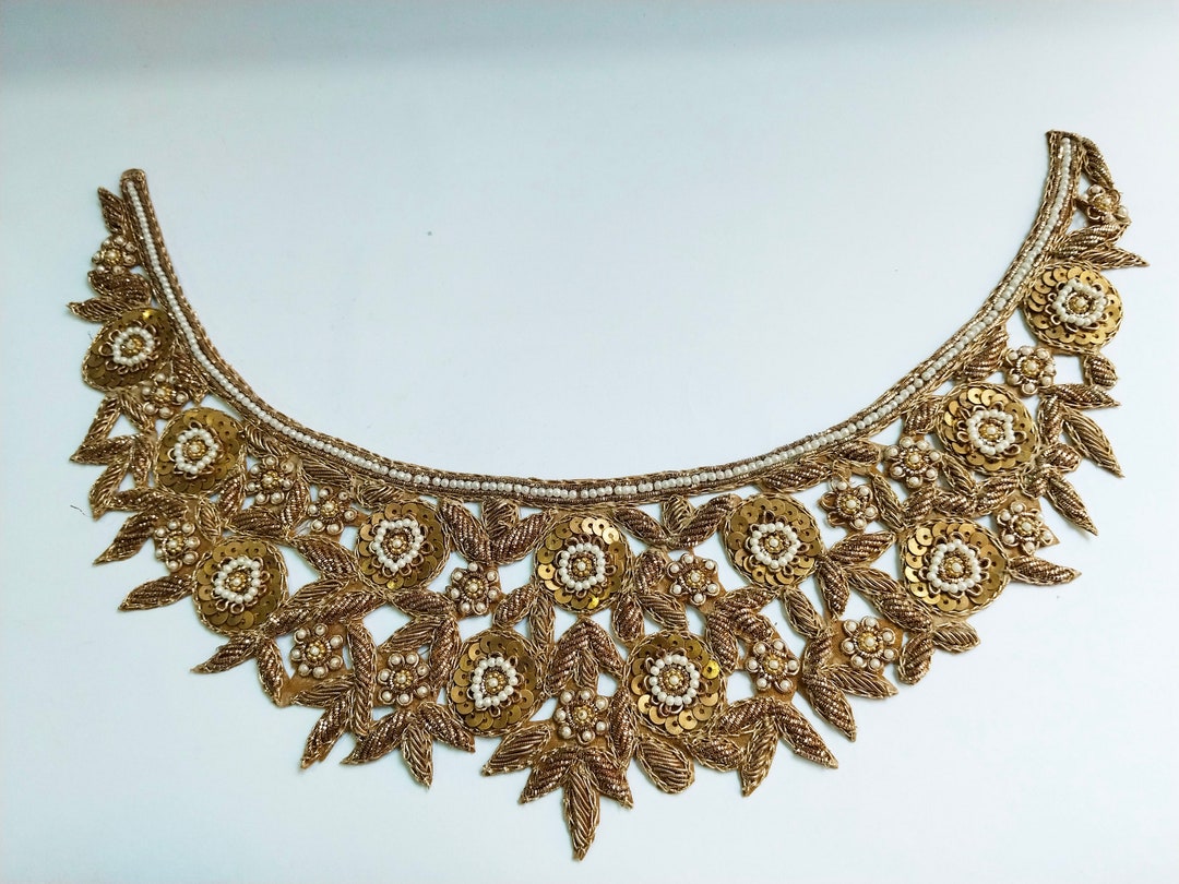 Broad Neck Antique Embroidered Neckline Patch, Handcrafted Indian Pearl ...
