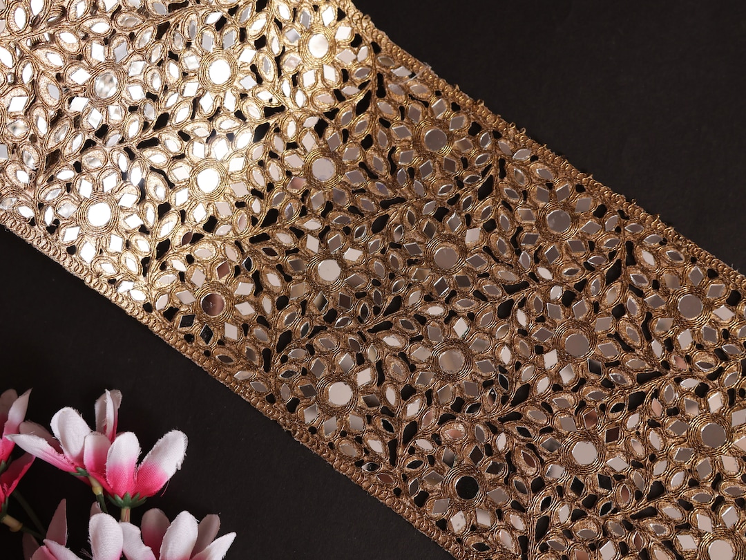 Broad Antique Gold Mirrorwork Lace Border, Cutwork Glass Border for ...