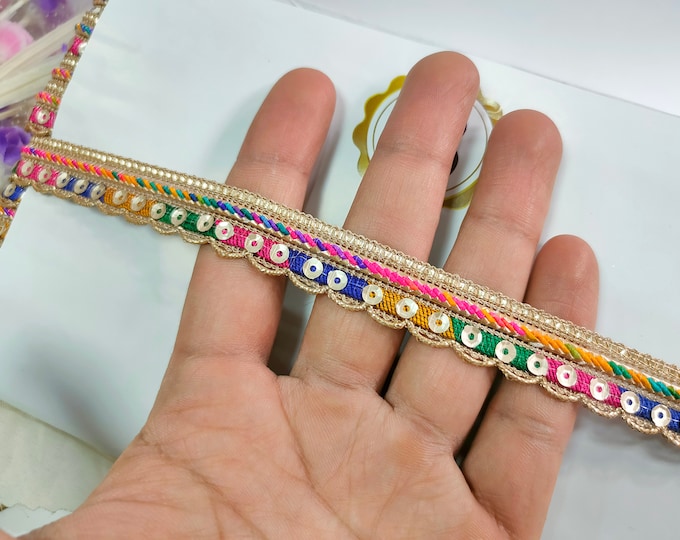 9 Yards - Colorful Narrow Zari Embroidered Sequin Scallop Lace, Indian ...