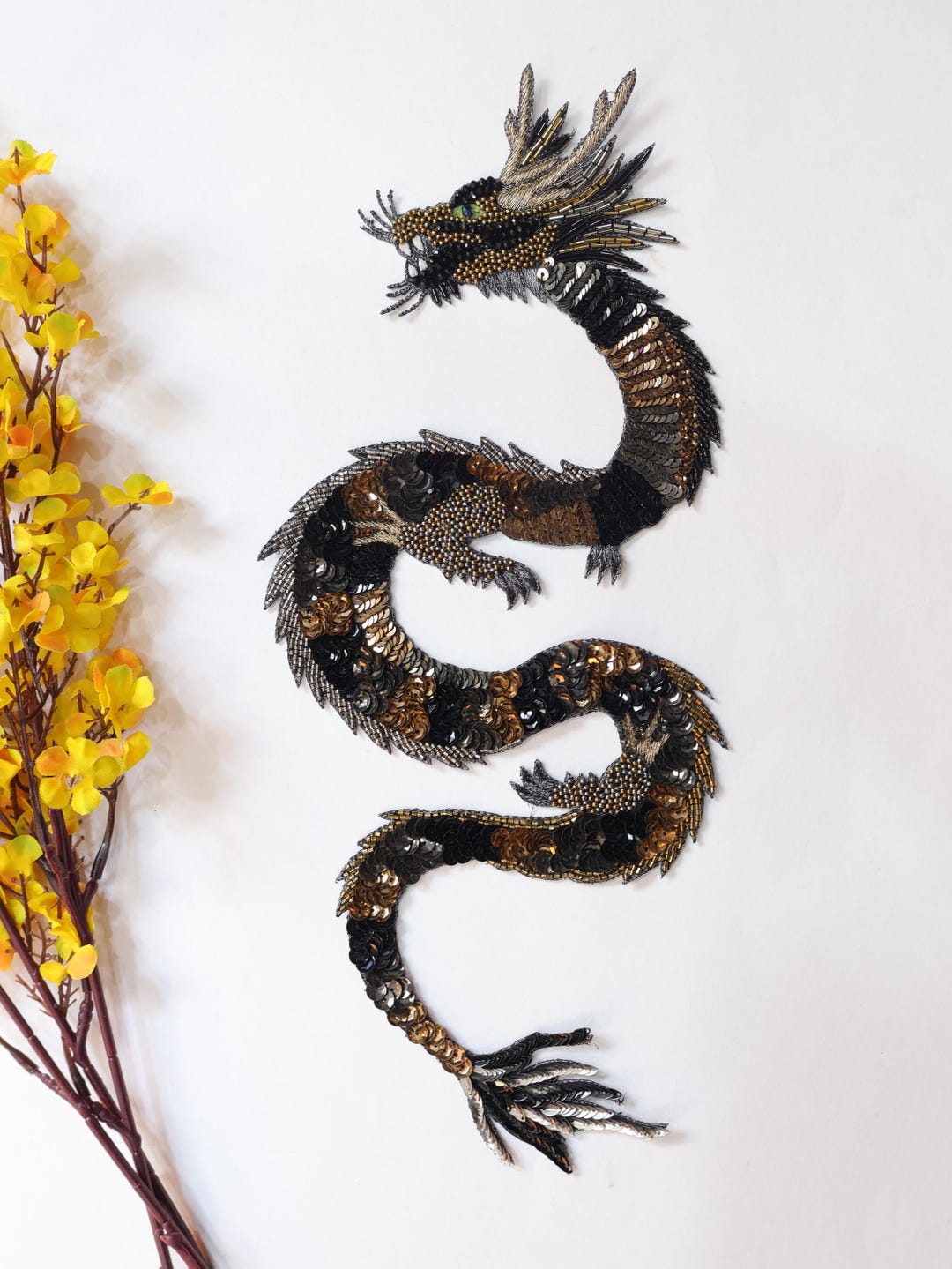 Embroidered Dragon Patch: Handmade Indian Applique, Golden Silver ...