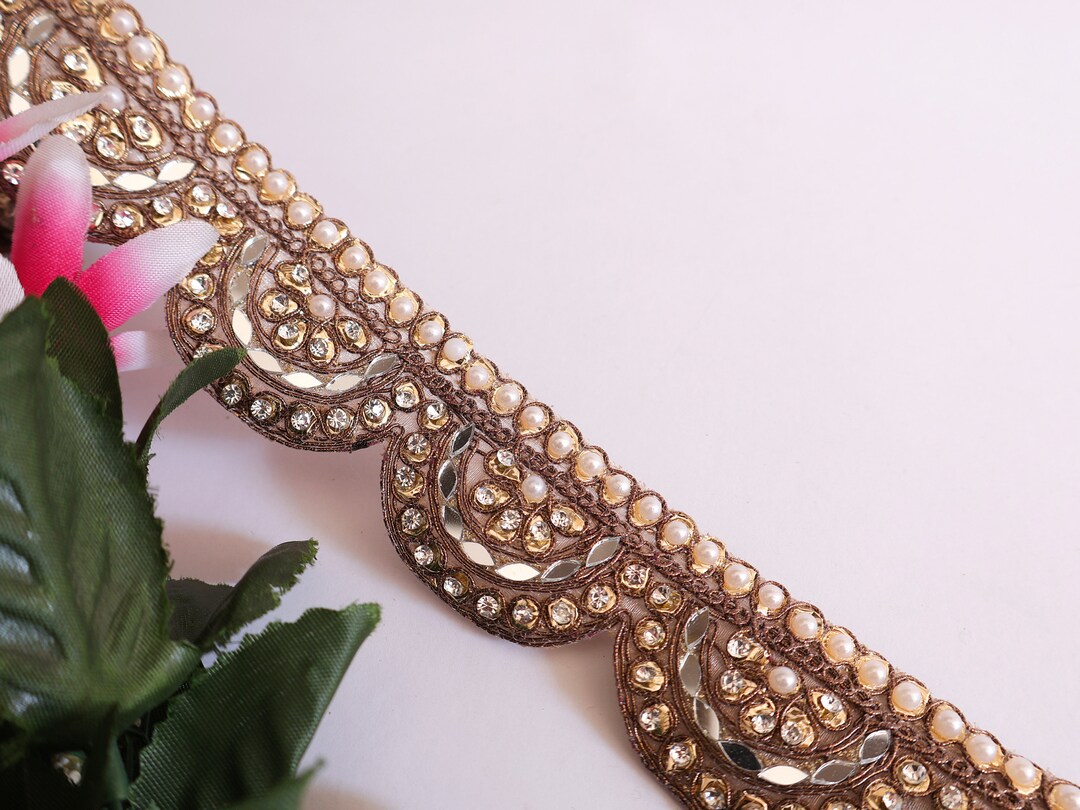 Gold Pearl Zircon Scallop Trim: Indian Embroidered Gota Patti Lace (3 ...