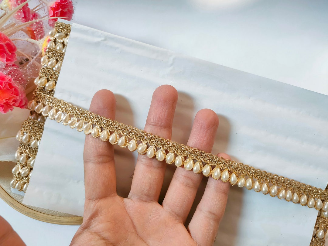 9 Yards Narrow Scalloped Golden Drop Pearl Trim Lace, Dupatta Saree Suit Border Ribbon Lace ...