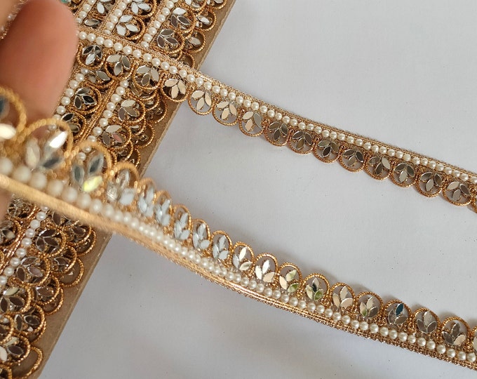 Champagne Golden Narrow Trim Lace With Pearls & Real Mirrors, Scallop ...