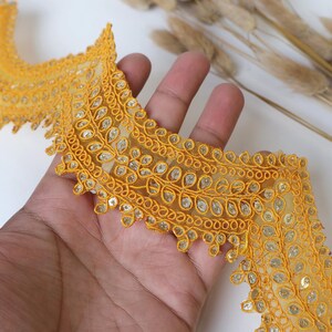 7 Yards Pale Yellow Scallop Indian Embroidered Golden Sequin Lace, Sari Border Trim, Fancy ...