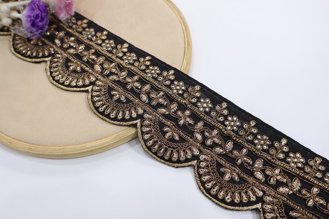 9 Yards - Black & Antique Golden Zardozi Embroidered Lace, Scalloped Zari Border Trim, Fancy ...