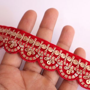 9 Yards Maroon/ Red Golden Zari Sequin Work Lace Trim, Indian Embroidered Sari Border Trim ...