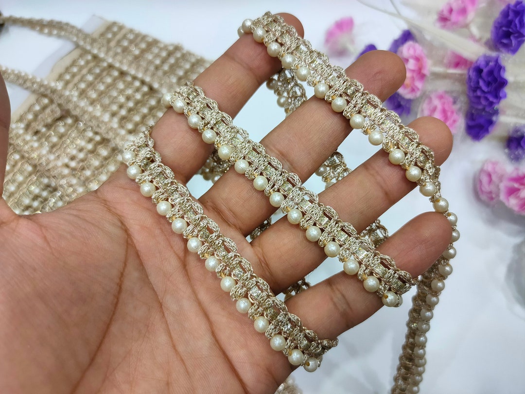 9 Yards - Narrow Beaded Pearl Antique Golden Indian Trim Lace, Dupatta Saree Suit Border Ribbon ...