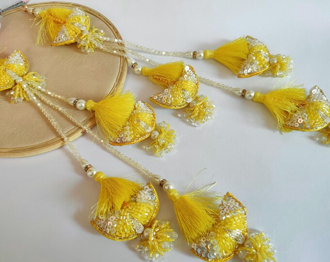 Lemon Yellow Color Long Crystal & Pearls Fringe Latkan Hanging, Multi ...