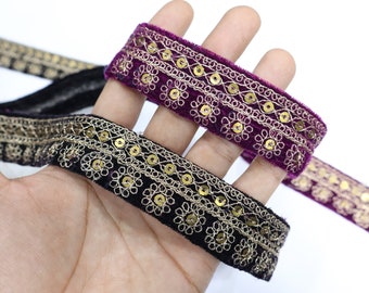 9 Yards - Red & Golden Zari Floral Embroidered Lace, Border Trim, Fancy Sari Dupatta Lehenga ...