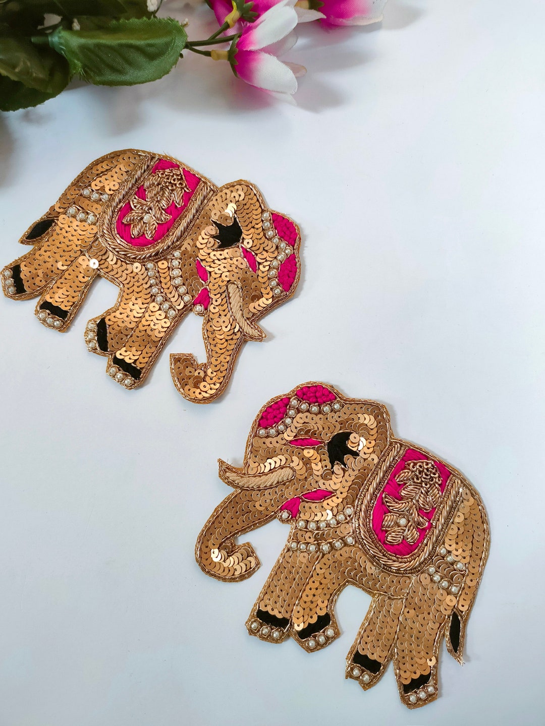 1 Pair Beautiful Sequin Work Embroidered Indian Elephants Patch, Sew on ...