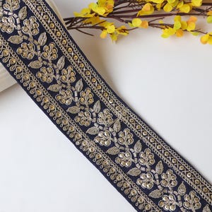 9 Yards - Navy Blue & Golden Zari Floral Embroidered Lace, Border Trim, Fancy Sari Dupatta ...