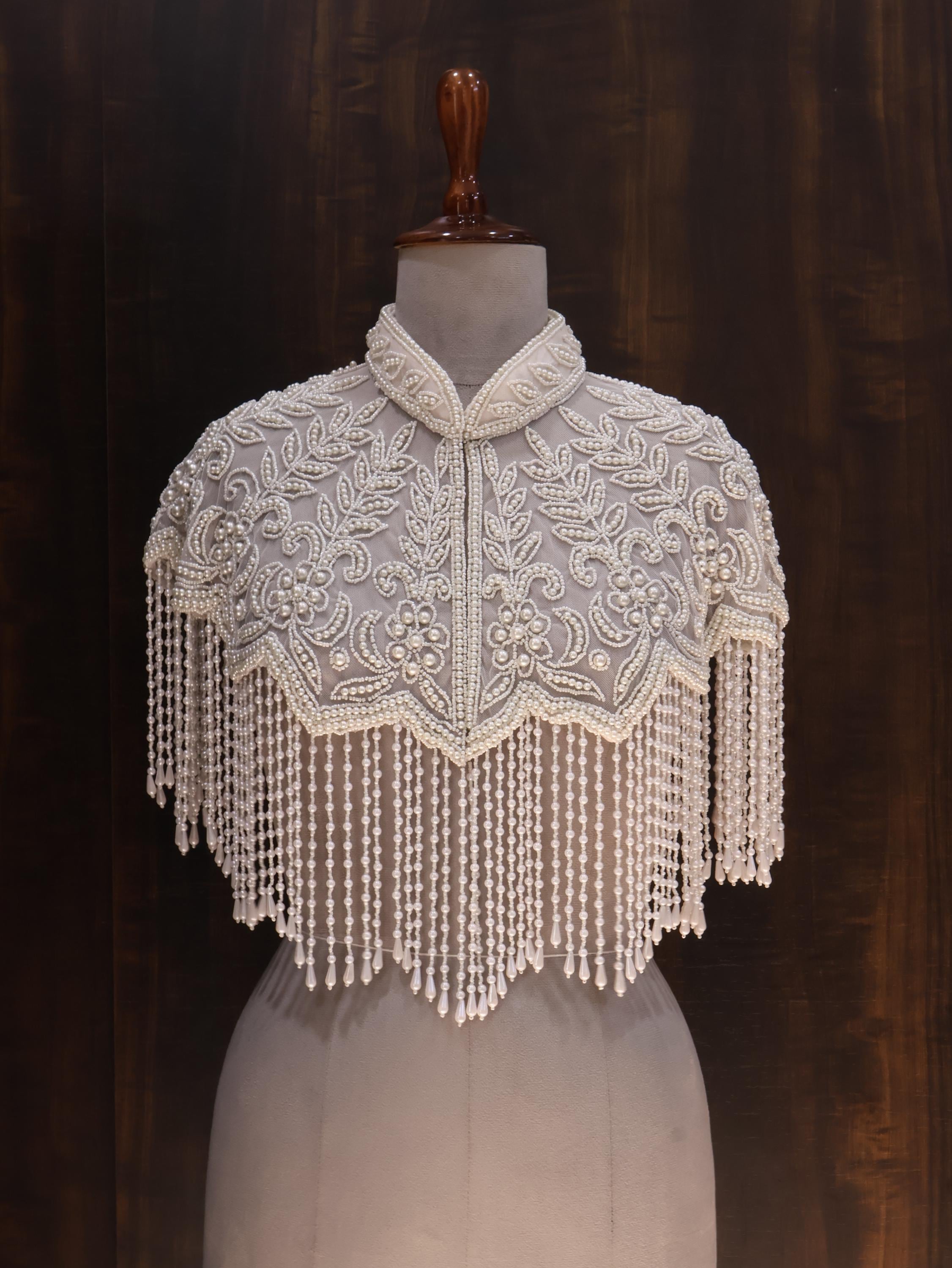 White Floral Pearls Beaded Fringe Tassels Bridal Cape: Wedding Cover-up ...