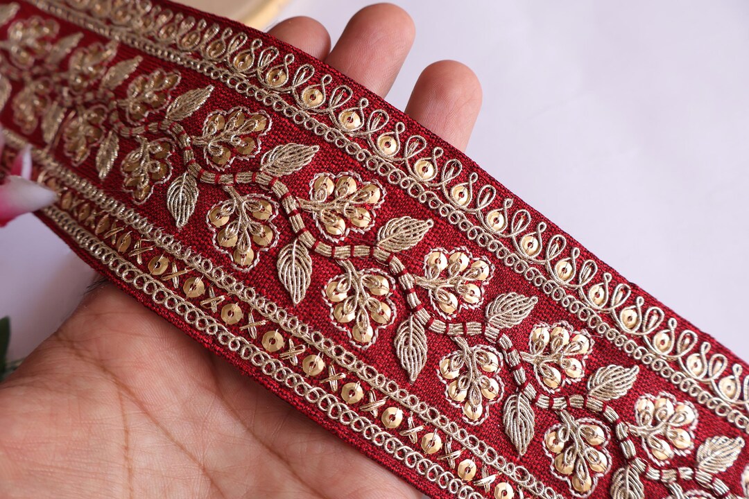9 Yards - Red & Golden Zari Floral Embroidered Lace, Border Trim, Fancy Sari Dupatta Lehenga ...