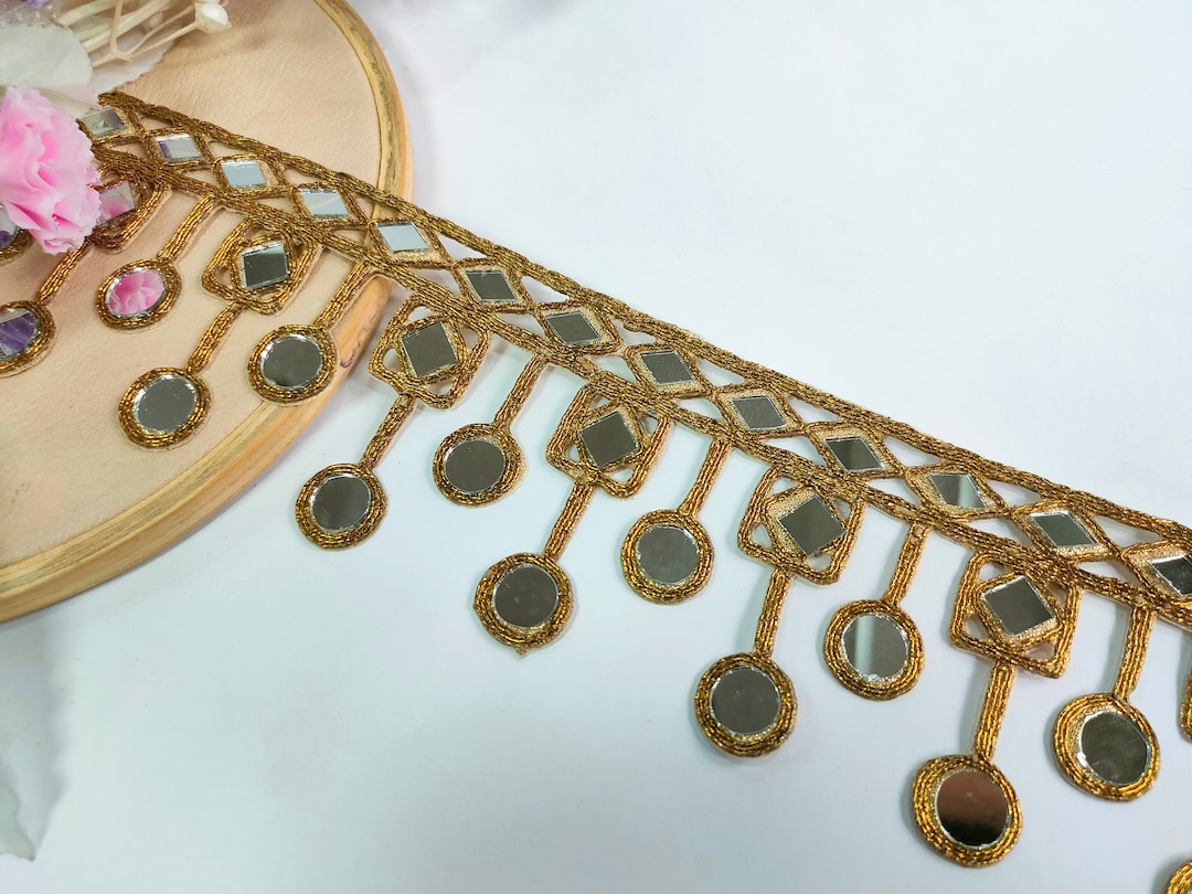 Suspended Mirror Work Sari Border: Gold Indian Lace Trim (7.5cm Wide ...