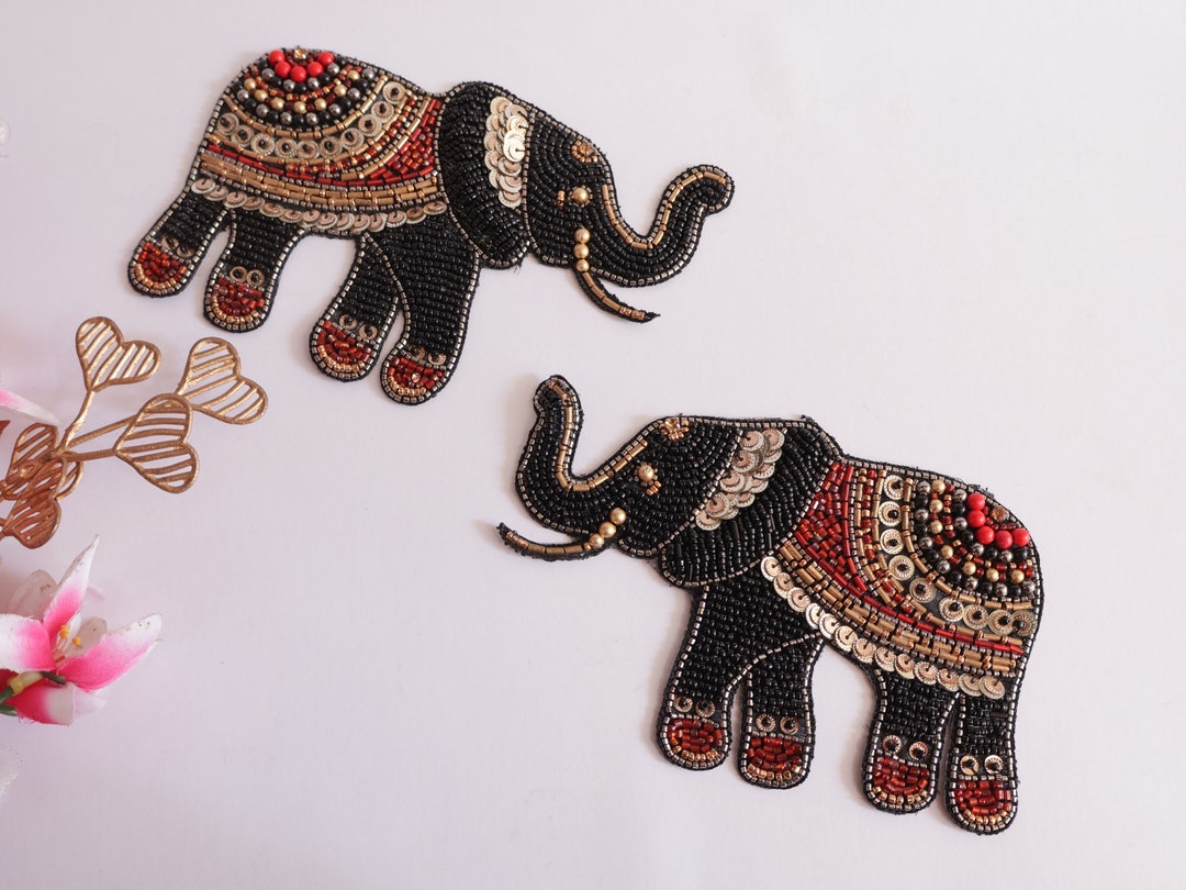 Embroidered Indian Elephant Applique: Black Beadwork Patches (set of 2 ...
