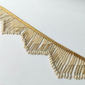 Stunning Faux Pearl & Glass Beads Antique Gold Rain Drop Suspended Scallop Beaded Trim, Indian ...