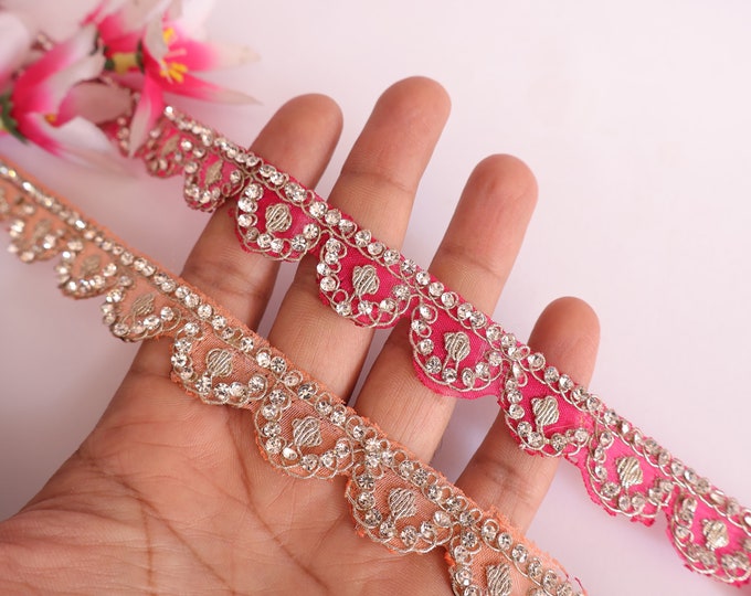 9 Yards Magenta/ Peach Narrow Scalloped Zircon Zari Trim Lace, Indian ...