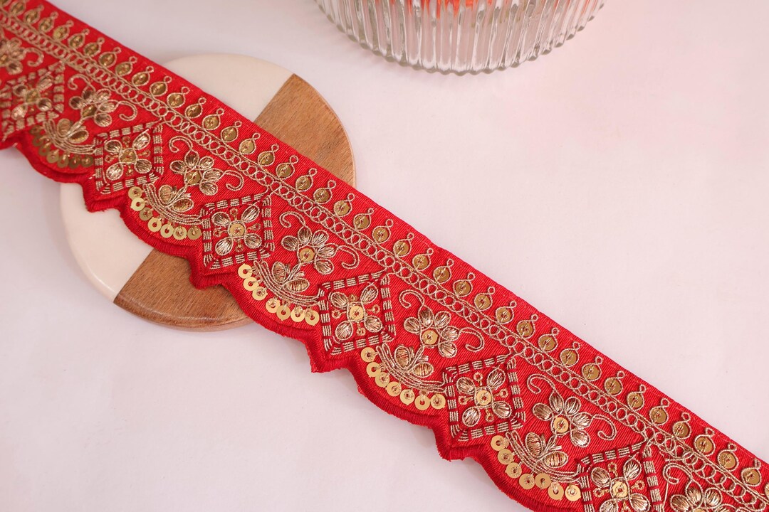 Scarlet Red Embroidered Scallop Lace: Gold Zari Sari Border Trim (9 ...