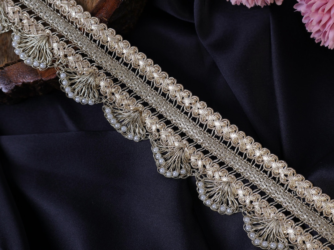9 Yards - Light Gold Scalloped Braid Lace With Pearl Beads, Indian Saree Dupatta Suit Border ...