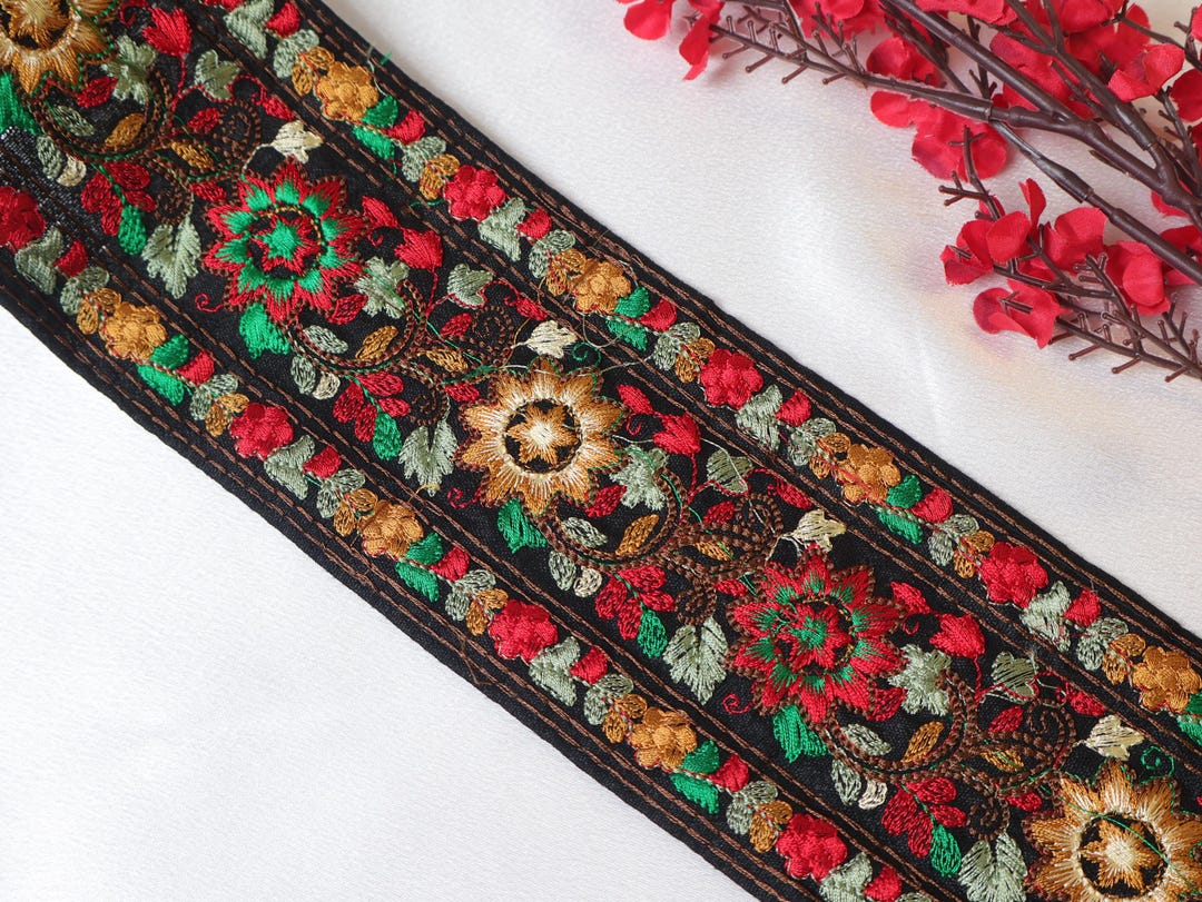 Floral Black Color Persian Border Design, Threadwork Lace for Garments ...