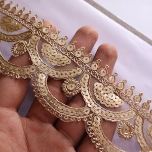 9 Yards Light Golden Sequin Double Scalloped Trim Lace, Dupatta Saree Suit Border Ribbon Lace ...
